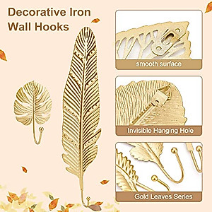 BENECREAT 9pcs Decorative Leaves Iron Hooks, 9 Style Feather/Maple Leaf Wall Mounted Hangers Gold Coat Hooks for Hanging Key, Towel, Coat, Photo Frame, Hat, Bag and Umbrella