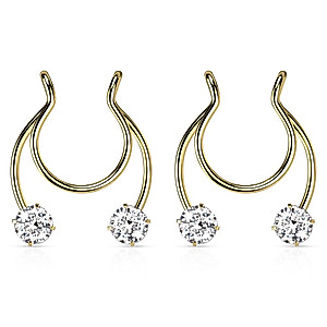 18GA Stainless Steel Prong Set CZ Crystal Horseshoe Clip On Non-Pierce Fake Septum Nipple Rings, Sold as a Pair (Gold Tone)