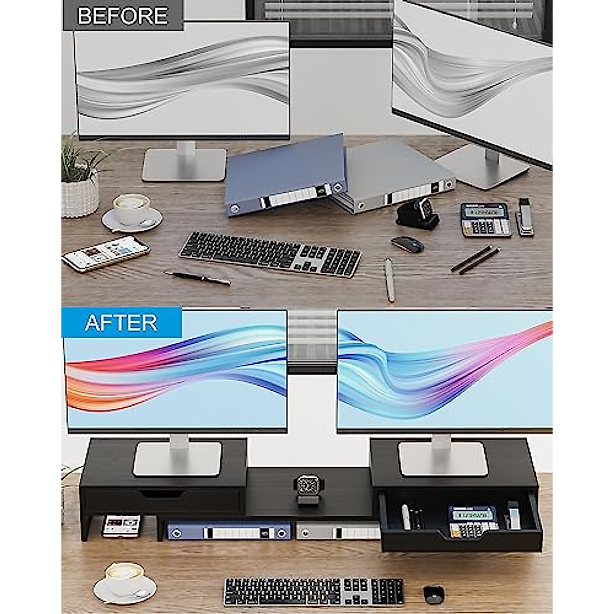 Epesoware Dual Monitor Stand Riser with Adjustable Length and Angle, Bamboo Computer Riser with 2 Extra Drawers, Desk Organizer for Laptop, Computer No Assembly Required