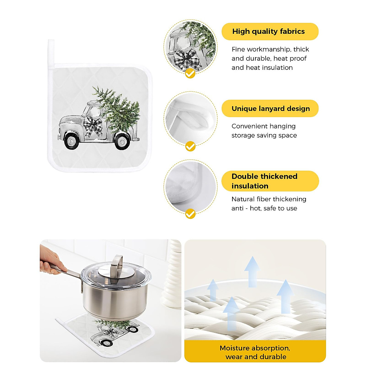 2 PCS Pot Holders with Hanging Loops, Christmas Heatresistant Potholders Coasters Mat for Kitchen Cooking Baking BBQ Classic Old World Car Xmas Green Pine Tree