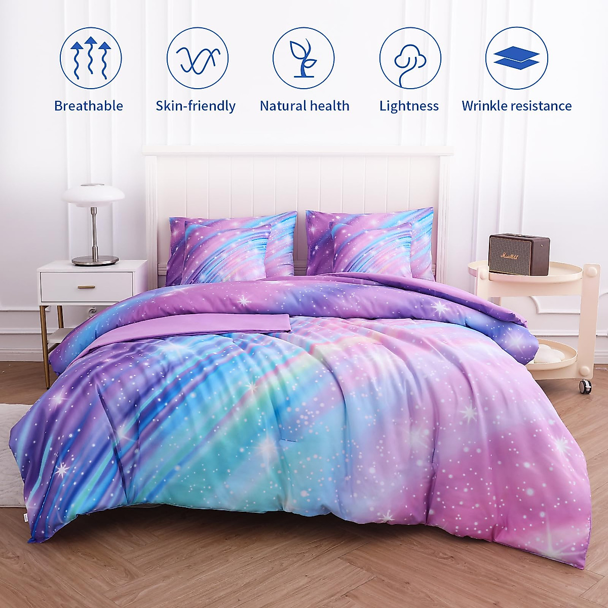 BQH Twin Comforter Set for Girls Galaxy Bedding 7pieces, Ombre Bedding Comforter Sets Rainbow Comforter, Glitter Bedding Twin Teen Comforter Sets for Girls (Twill Rainbow)