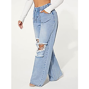 Floerns Women's Drawstring Waist Cut Out Ripper Wide Leg Denim Pants Jeans Light Blue M