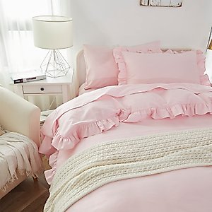 Brandream Kid's Duvet Cover Full/Queen Size,100% Organic Cotton 3Piece Girl Bedding Duvet Cover Set, Ruffled Fringe Solid Color Soft Breathable with Zipper Closure & Corner Ties(Pink)