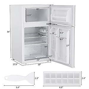 LHONE 2-Door Compact Refrigerator, 3.2 cu ft.Mini Fridge with Freezer,Freezer Compact Small Fridge with Refrigerators Thermostat,Removable Glass Shelves,Low Noise,Stainless Steel (White)