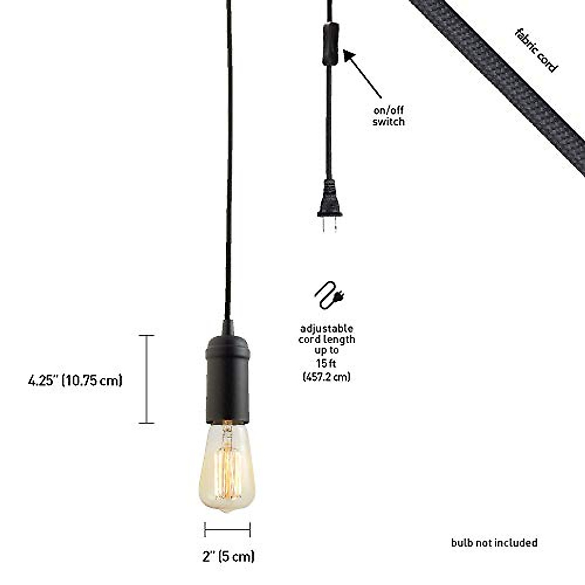 Edison 1-Light Plug-in Pendant, Matte Black, Black Woven Fabric Cord, in-Line On/Off Switch,65114