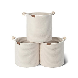 StorageWorks Woven Storage Baskets for Organizing, Woven Basket with Wooden Handles, 11 x 11 Woven Baskets for Storage, Small Woven Cube Storage Basket for Living Room, Nursery, White, 3-Pack