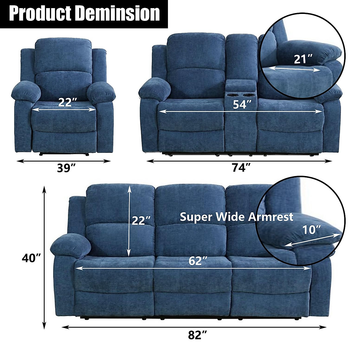 SIENWIEY Blue Linen Fabric Reclining Sofa for Living Room Furniture, Double Recliner Loveseat 2 Seats Couch with Storage Console/Two Cup Holders/Linen Fabric