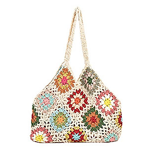 Crochet Tote Bag Aesthetic Boho Knitted Bag Small Floral Crochet Hobo Bag Purse Cute Fairycore Shoulder Bag for Women Fairy Grunge Tote Bag