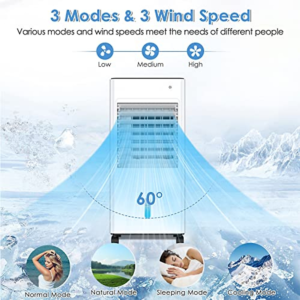 Portable 3-IN-1 Air Conditioners for Room, Portable AC Unit with 1.6 Gallon Water Tank, 4 Modes & 3 Speeds, Personal Air Cooler with Remote Control Fast Cooling for Room Home Office