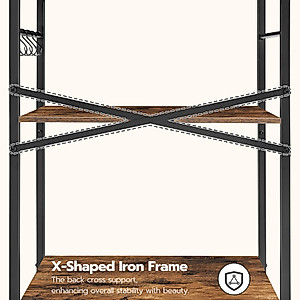 HOOBRO Bakers Rack with Power Outlets, Coffee Bar with Floating Shelves, Microwave Stand with 11 S-Hooks, Freestanding Kitchen Storage Shelves, for Kitchen, Living Room, Rustic Brown BF11UHB01