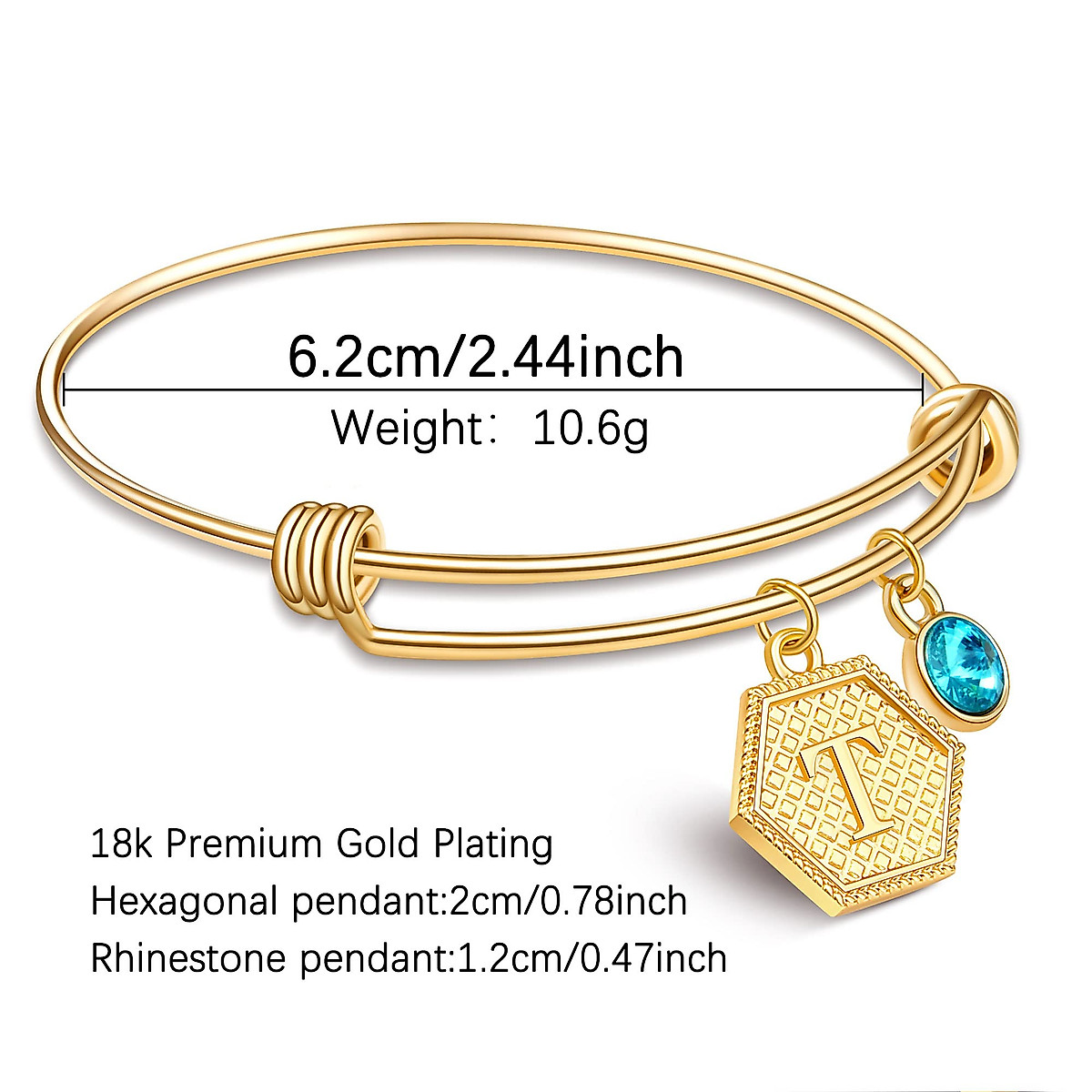 Suonie 18K Gold Plated Bangles,26 Letters Initial Hexagon Pendant Adjustable Bangles,Women Charm Bracelet Bangles,Blue Rhinestone Bracelet for Girls Teenage Birthday Christmas Gifts (T)