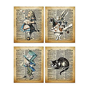 Alice in Wonderland Wall Art, 8x10 Set of 4 Un-Framed Decor Prints. On Upcycled Vintage Style Dictionary Page. Ideal for Book Lovers, English Teachers, Librarians and Lewis Carroll Fans