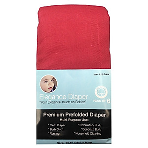 Elegance Diaper, Prefold Cloth Diaper Regular 4x6x4 6 Pack 100% Cotton (RED)