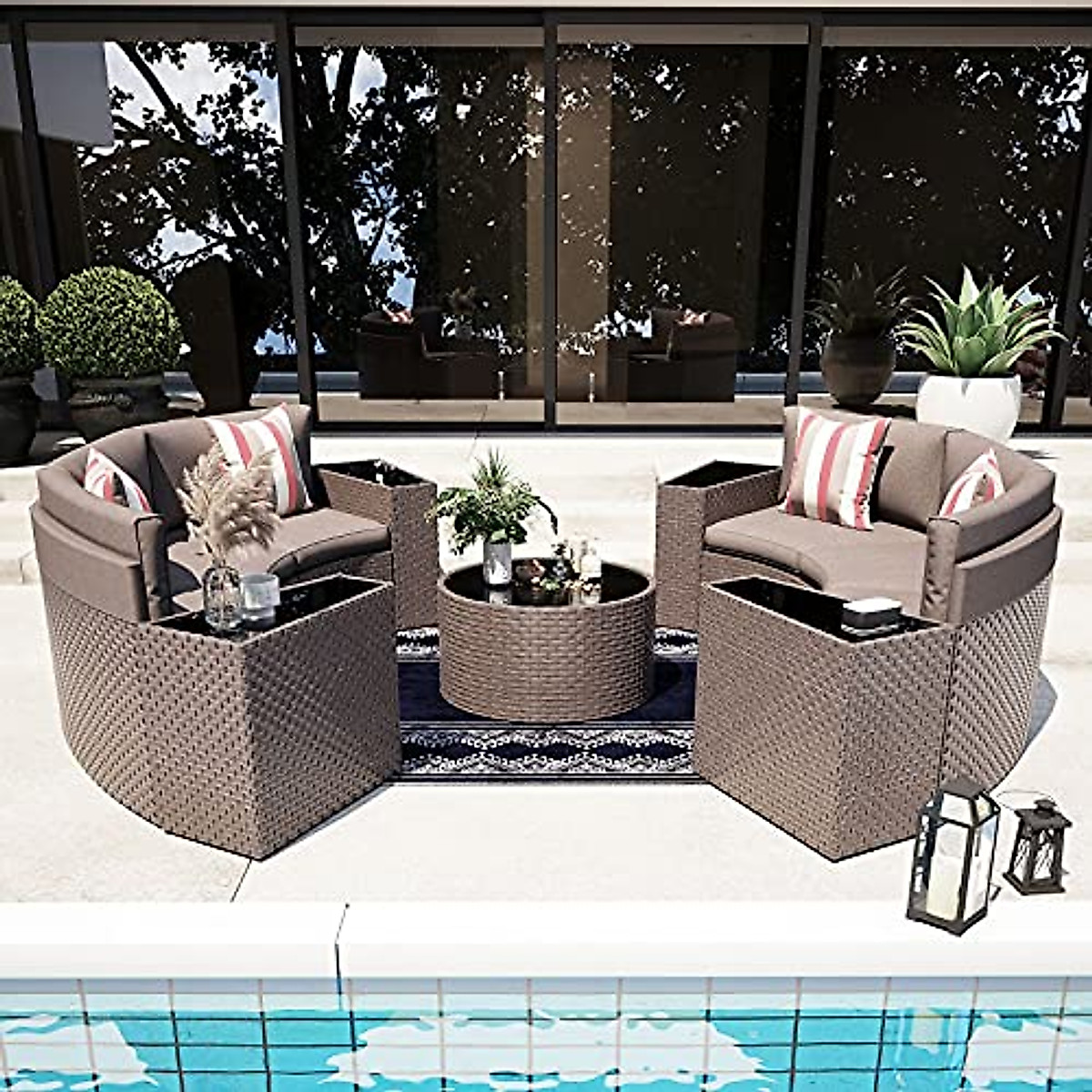 SUNSITT Outdoor Sectional Set 11-Piece Half Moon Patio Furniture, PE Wicker Sofa Taupe Cushions with 4 Side Table and 4 Pillows