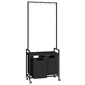 OYEAL Laundry Hamper with Lid Laundry Sorter Cart 2 Section Rolling Laundry Basket with Hanging Rack 6 Hooks for Laundry Room Bathroom Bedroom, Black