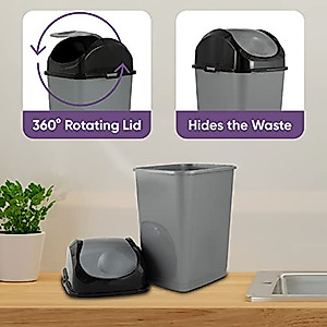 Superio Mini Plastic Trash Can with Swing Top Lid Grey/Black 1.25 Gal Small Waste Bin for Countertop, Desk, Vanity, Bathroom