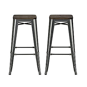 DHP Fusion Metal Backless 30" Barstool with Wood Seat, Distressed Metal Finish for Industrial Appeal, Set of two, Antique Gun Metal