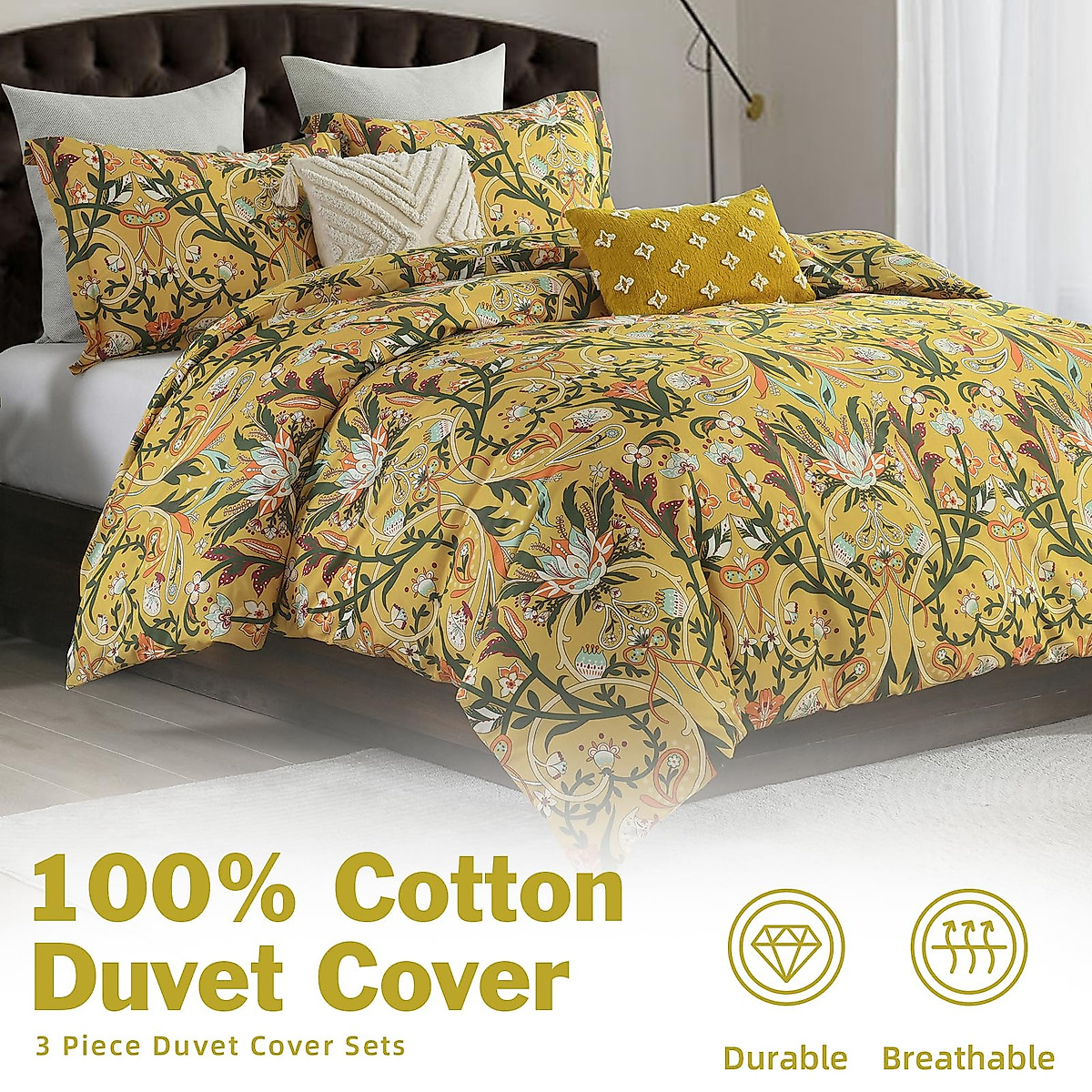 EWlinens Vintage Floral Duvet Cover King - Garden Flower Duvet Cover Set, Soft Cotton Yellow Floral Duvet Cover 3 Pieces Botanical Bedding Set with Zipper Closure, 104"x90"