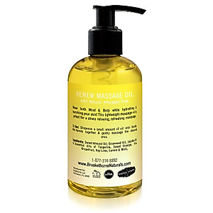 Renew Massage Oil with Orange, Lemon & Peppermint Essential Oils - Great for Massage Therapy or Home use. Ideal for Full Body – with Almond, Grapeseed & Jojoba – by Brookethorne Naturals