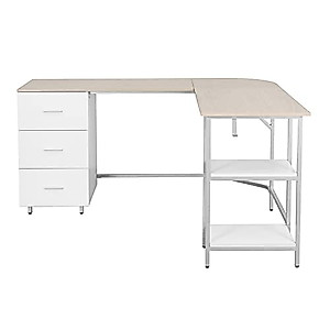 Techni Mobili L Shaped Desk - Two-Toned Computer Desk with Drawers & Storage Shelves - Simple Modern Furniture & Home Office Space Corner Table for Work & Writing