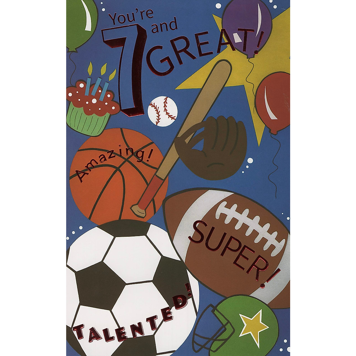 Bella Greetings Sports Themed Happy 7th Seventh Birthday Card (Age 7) - Baseball, Soccer, Football, Basketball - You're 7 and Great! Have the Best 7th Birthday Imaginable!
