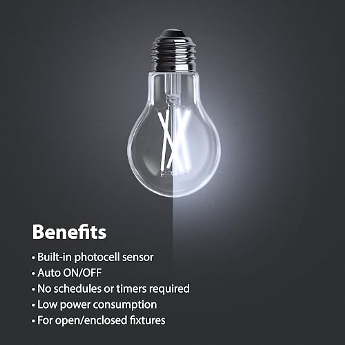 Feit Electric LED Built-in Dusk to Dawn Sensor Intellibulb - Clear Filament A19 with an E26 Medium Base Light Bulb - 60W Equivalent - 15 Year Life - 800 Lumen - 5000K Daylight