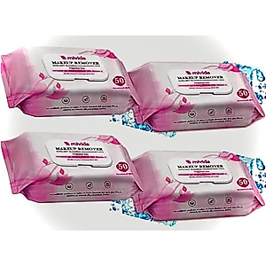 mivida Makeup Remover Wipes | Bulk Pack of 4 | Alcohol Free, Fragrance Free | Hypoallergenic, Vitamin E | Convenient Flip Top Pack, 50 Wipes Each | Total 200 Wipes | Makeup Remover Wipes