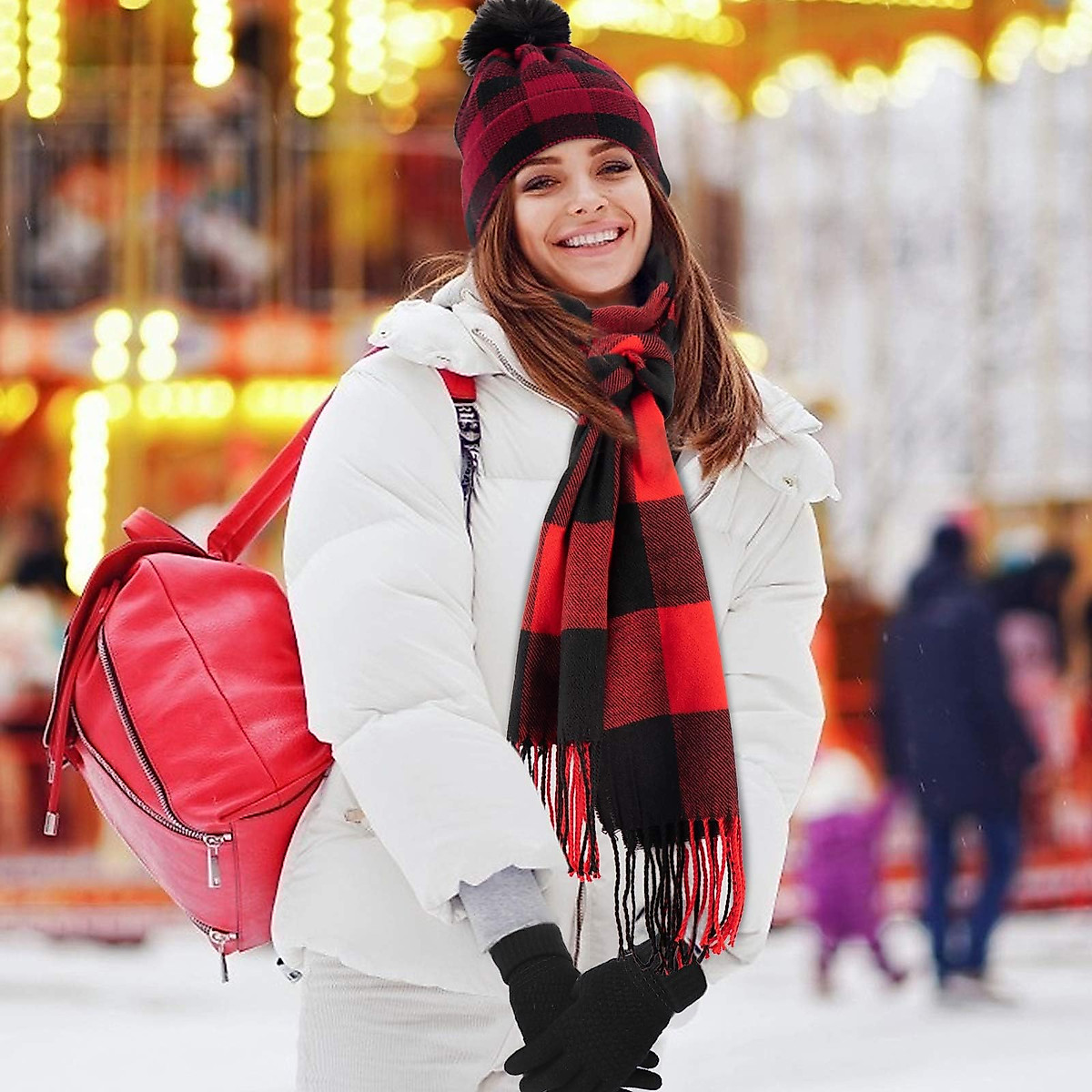 Cosweet Scarf and Gloves Set - Winter Knitted Warm Set, Plaid Scarf Winter Gloves Knitted Hat with Pompom Flurry Ball for Women Men Outdoor Sports Running Skiing Cycling Yoga Christmas Gift