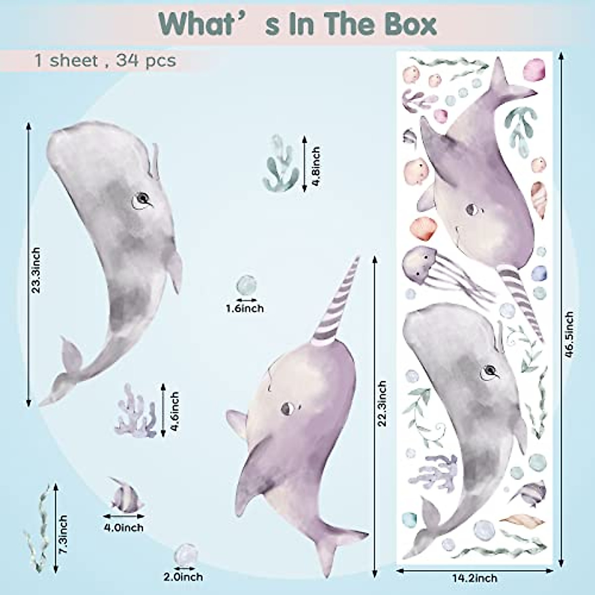 Big Fish Wall Stickers Dreamy Whale Wall Decals for Nursery Wall Decor Fairy Room Wall Stickers Peel and Stick Kids Decals for Girls Bedroom Living Room Wall Decor