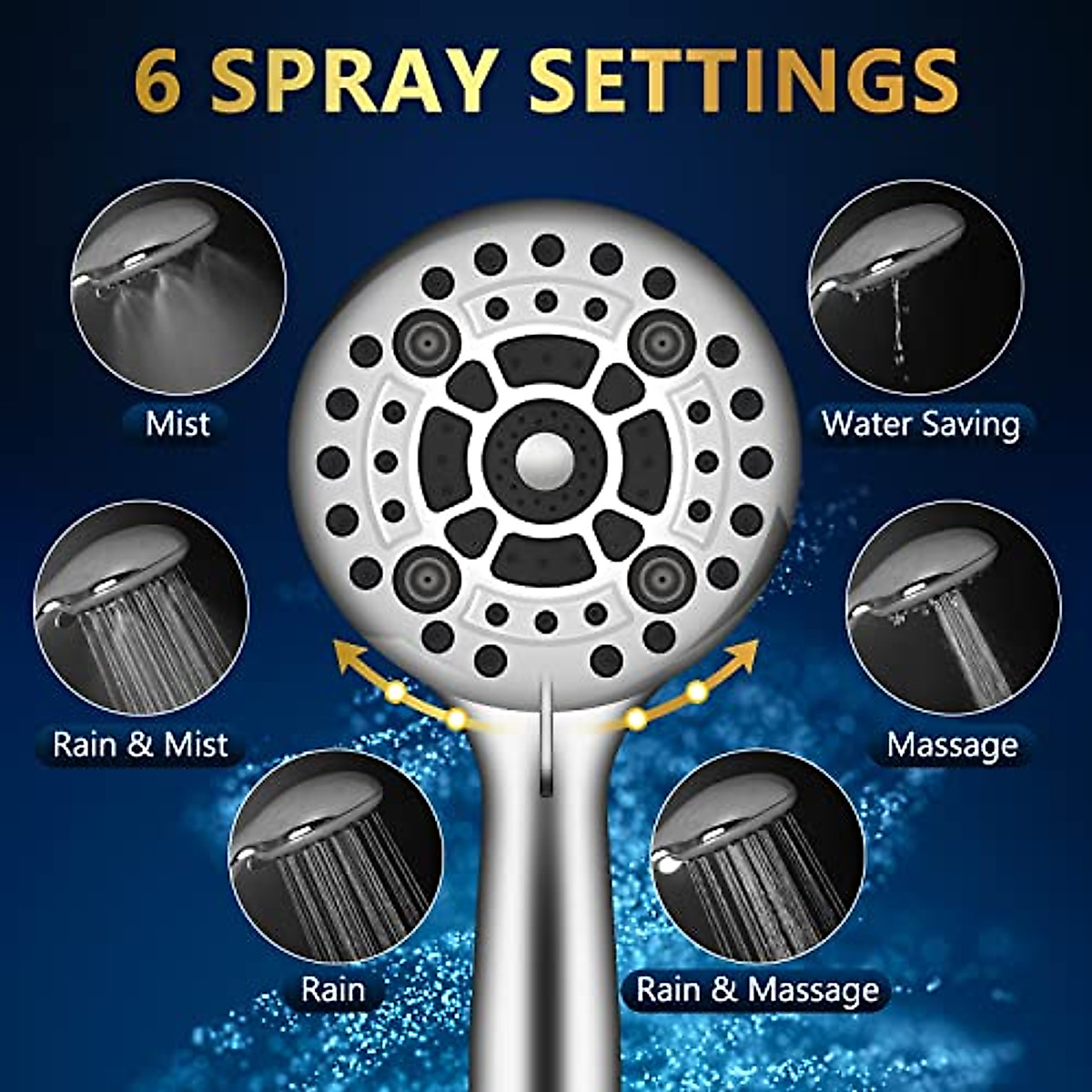 DAKINGS 6 Modes High Flow Handheld Shower Head Set Upgraded 5 Inch Shower Heads with Handheld Spray with Premium Chrome Hand Held Showerhead 60 Inch Stainless Steel Hose for Low Water Pressure