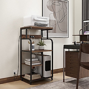 VEDECASA Mobile High Printer Stand with Power Outlet Charging Plugs USB Port Office Storage Shelf Includes Computer Tower CPU Stand Holder with Wheel (Brown)