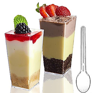 TOFLEN 50 Pack 3 oz Mini Dessert Cups with Spoons, Square Tall Clear Plastic Dessert Shooters Party Serving Tumbler Cups for Parfait Appetizers & Dessert Shot Glasses