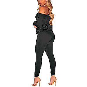 OLUOLIN Women's Sexy One Off Shoulder Long Sleeve Bodycon Pants Set Casual 2 Piece Outfits Tracksuit Stretchy Jumpsuit