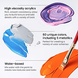 ARTEZA Acrylic Paint, Set of 60 Colors, 0.74 oz/22 ml Tubes, includes 5 Metallic Colors, Rich Pigments, Non-Fading, Non-Toxic Paints for Artist & Hobby Painters, Art Supplies for Painting