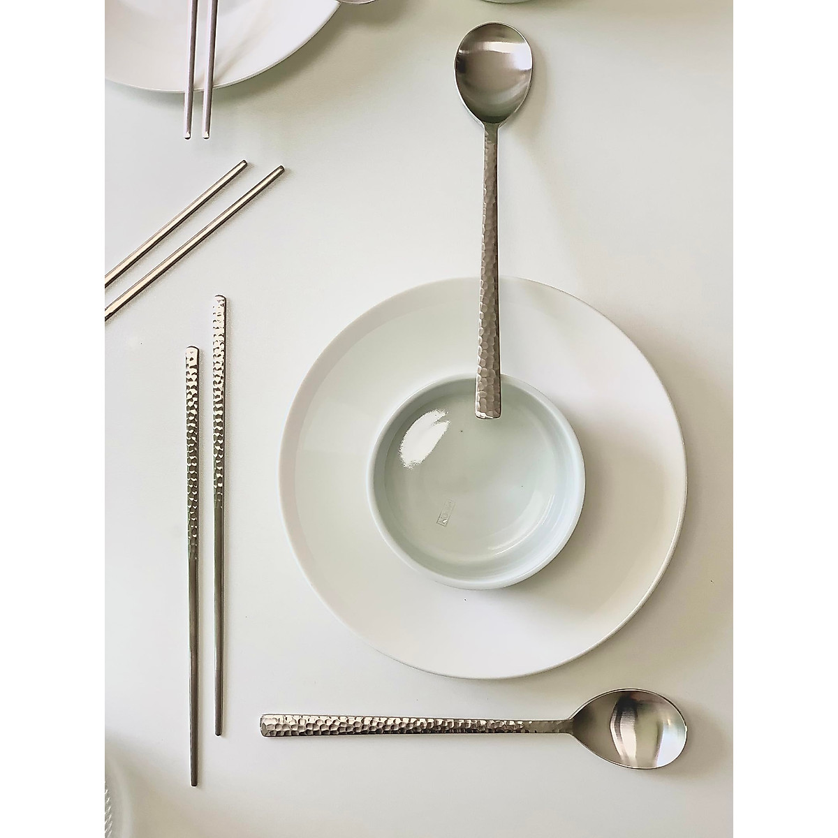 cozymomdeco Korean Made Silver Glossy Hammered Stainless Steel Korean Spoon & Chopstick SET (4SET)