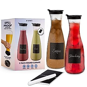 UMIEN Carafe Pitcher – Clear Beverage Carafes with Flip Top Lid, Iced Tea, Mimosas, Laundry Detergent, Milk, Juice – Easy Pour BPA Free Plastic Drink Container, 50 Ounce Round bottoms - 2 pack