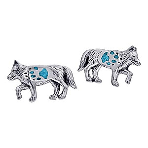 Turquoise Gemstone Wolf with Paw Southwestern Style 925 Sterling Silver Post Back Stud Earrings for Women