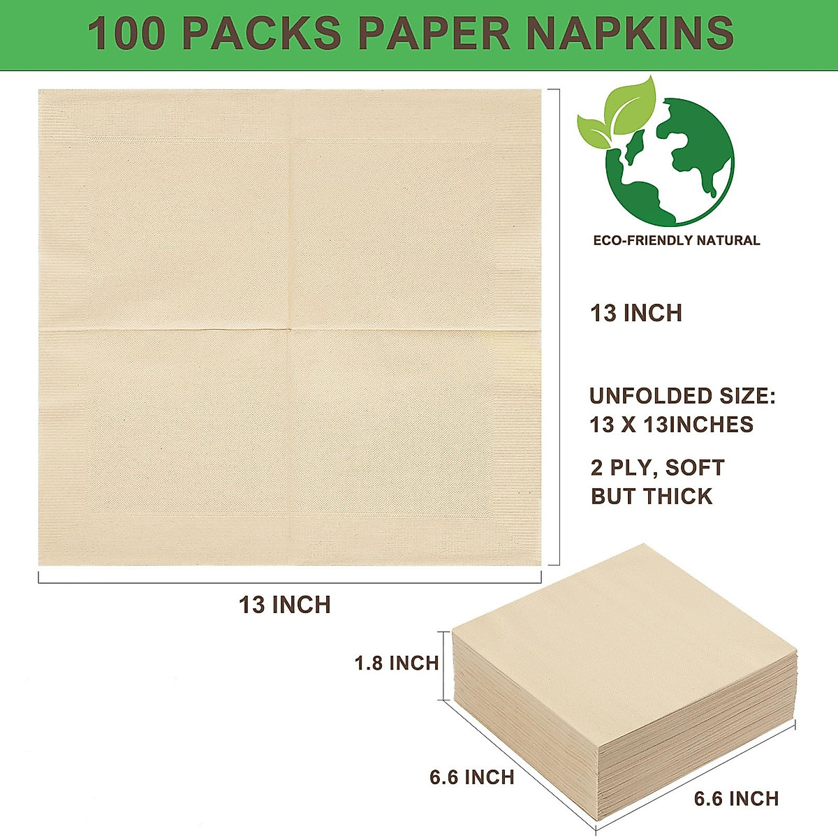 Gezond 50pcs Compostable Paper Napkins, Disposable Dinner Napkins 13 x 13 in Unbleached 2-ply Eco Lunch Tissue, Biodegradable Napkin for Thanksgiving Christmas Big Party
