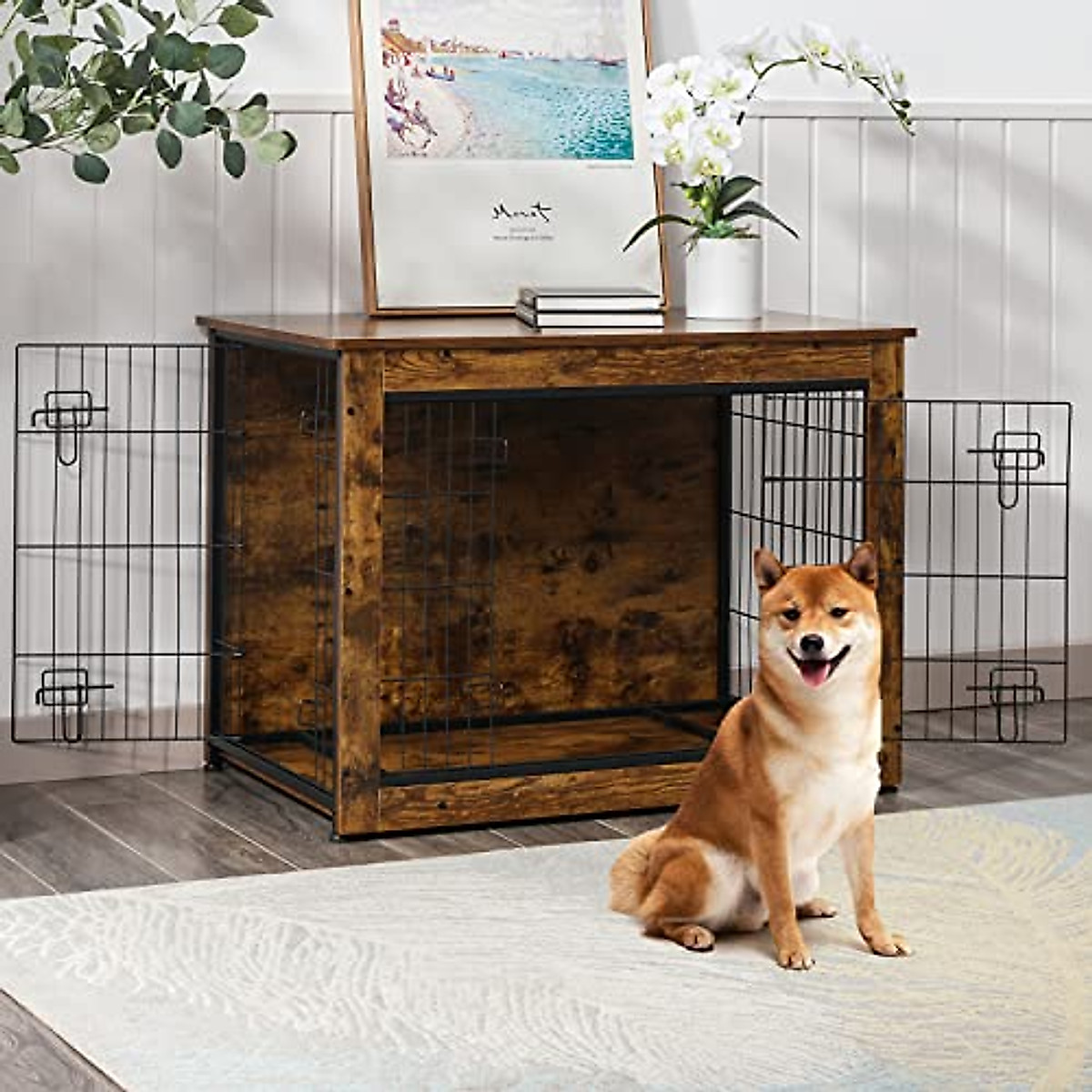 TABU Dog Crate Furniture, Wooden Dog Furniture End Table, Indoor Dog Kennel with Multi-Purpose Removable Tray, Double Door Dog Cage for Small/Medium Dogs,Rustic Brown,38" L