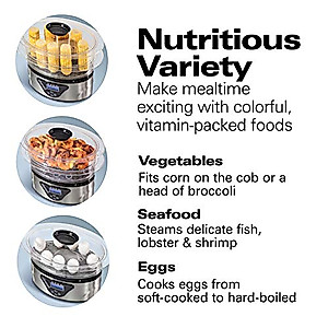 Hamilton Beach Digital Electric Food Steamer & Rice Cooker for Quick, Healthy Cooking for Vegetables and Seafood, Stackable Two-Tier Bowls, 5.5 Quart, Black & Stainless Steel