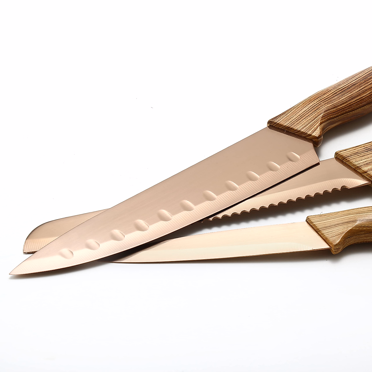 MAOMIDA Knife Set - Luxury rose Gold kitchen Knife set, titanium coated 4 piece stainless steel hollow handle golden kitchen knife set wood grain knife