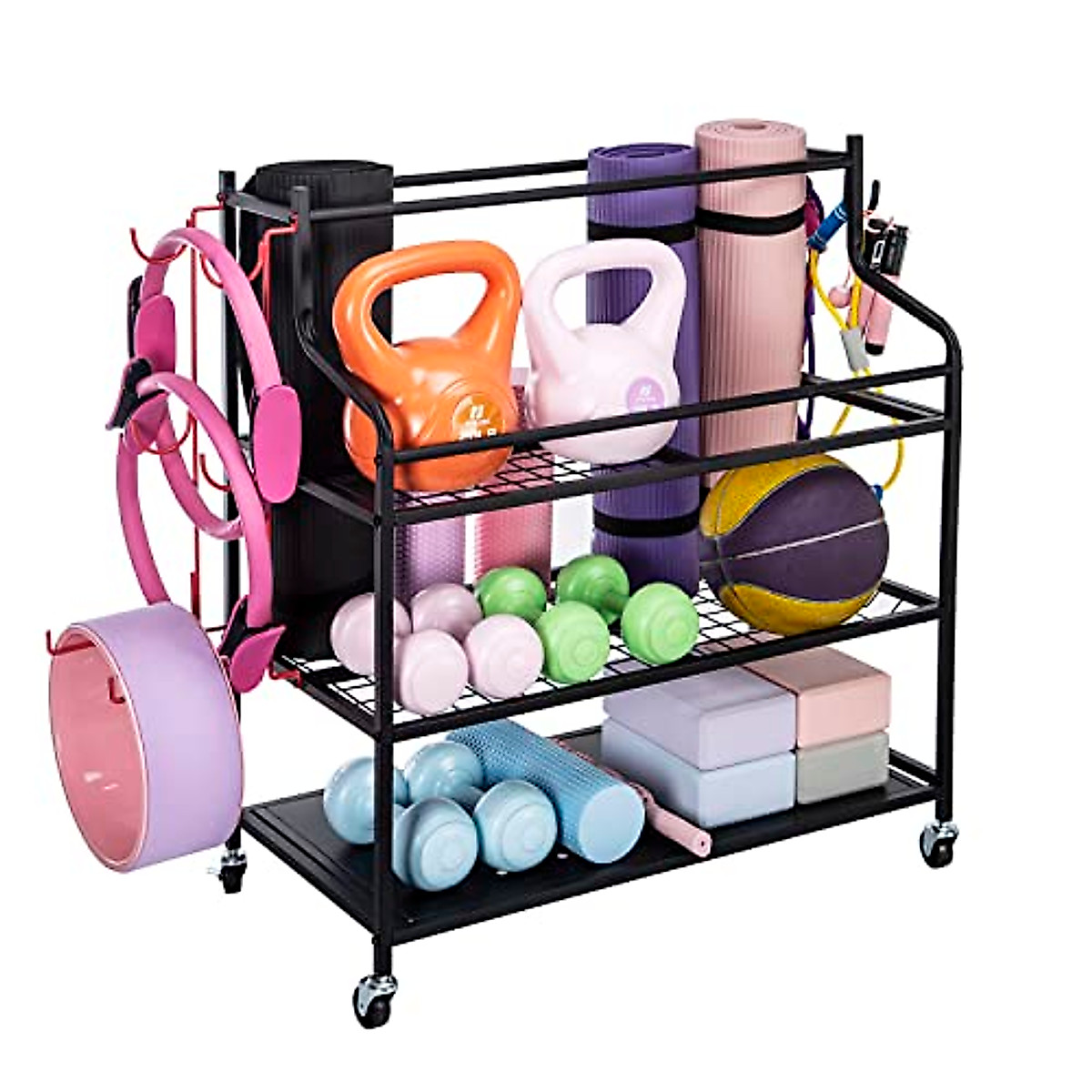 QUSIMI Yoga Mat Equip Storage Rack on Wheel, Dumbbells Kettlebells Workout Storage Weight Rack Cart,Large Home Gym Equipment Multi-use Storage Rack Holder Organizer