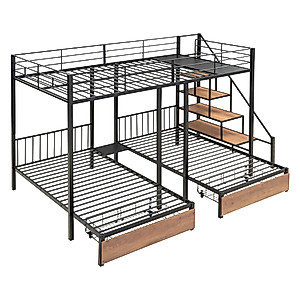 Bellemave Triple Bunk Bed with Storage Stairs, Metal Full Over Twin & Twin Bunk Beds, Detachable Bunk Bed for 3 Kids with Storage Shelf for Three Boys Girls Teens, Black