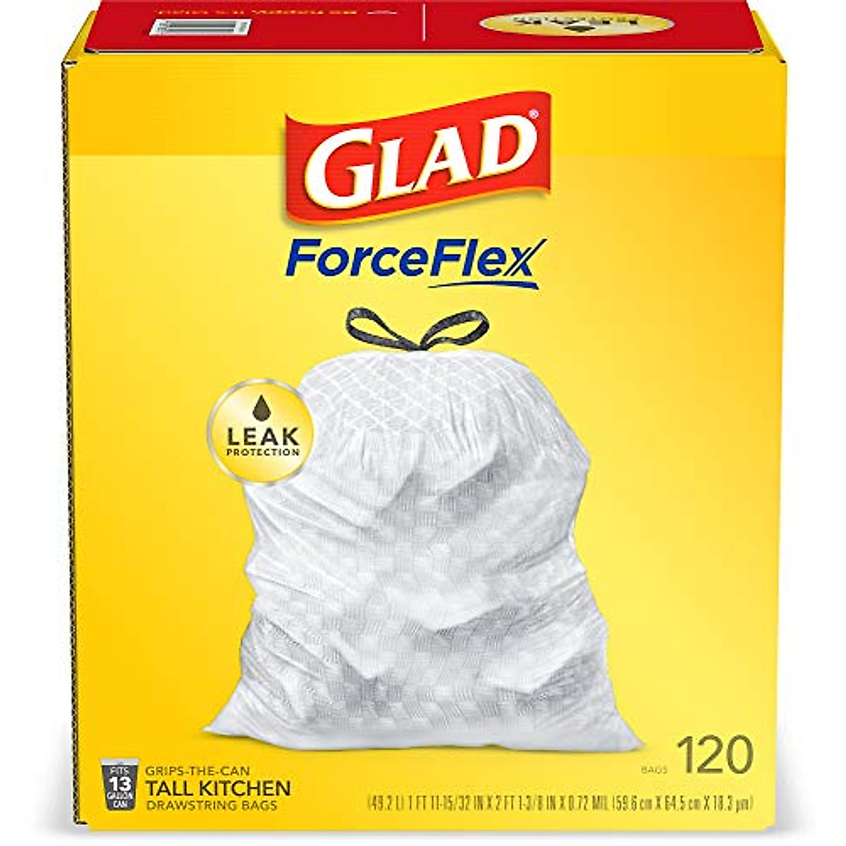 GLAD ForceFlex Tall Drawstring Trash Bags, 13 Gallon White Trash Bags for Tall Kitchen Trash Can, Unscented Leak Protection Bags, 120 Count - Packaging May Vary