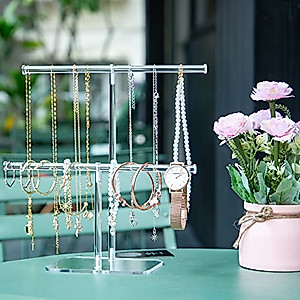 lengnoyp Premium Jewelry Stand , Solid Clear 2-Tier Acrylic Jewelry Organizer Stand & Bracelet holder Stand for Necklace Display, Ring & Watch Display