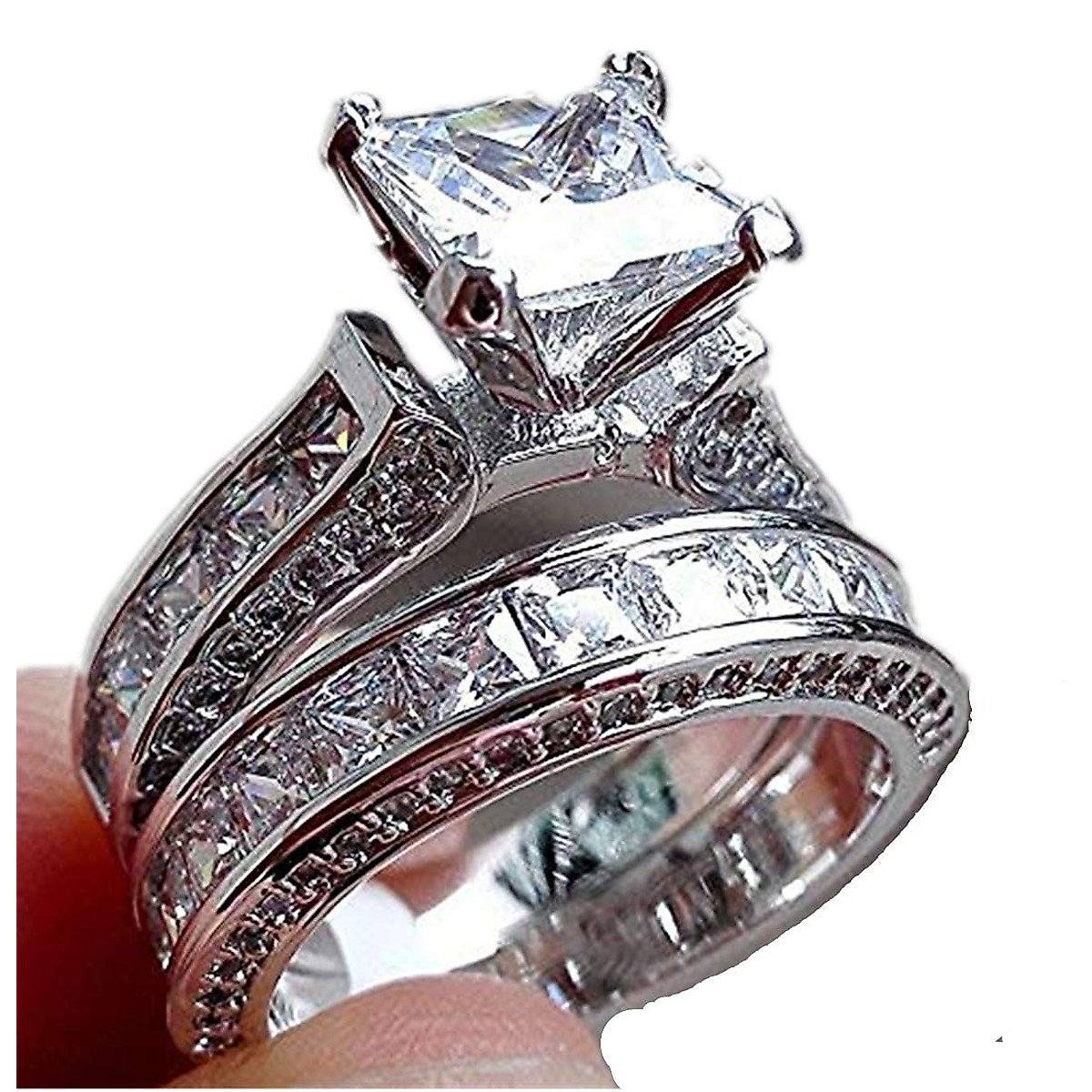 Luxury and Shining 2-in-1 Womens Vintage White Diamond Silver Engagement Wedding Band Ring Set