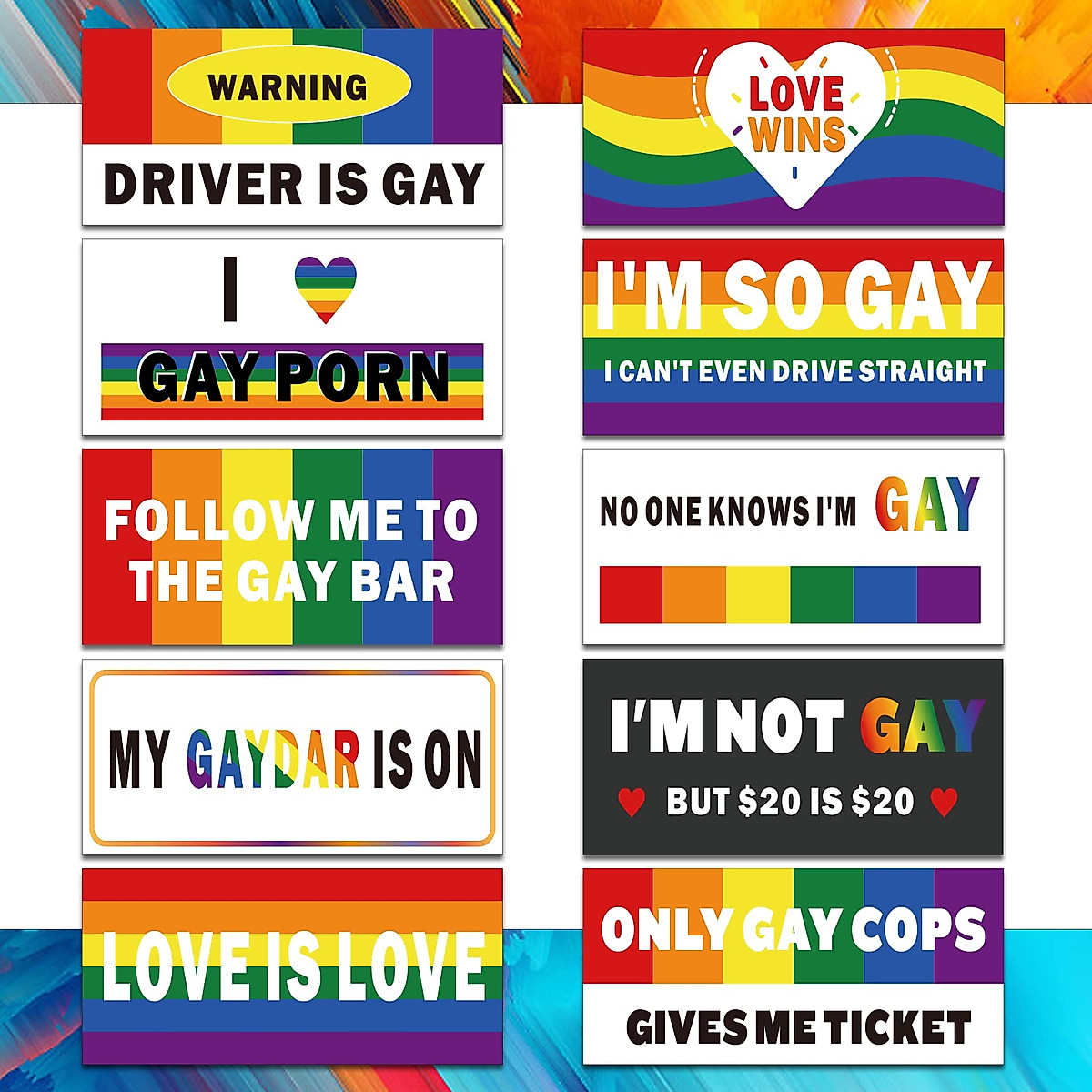 10 Pcs Magnetic Bumper Decals Funny Bumper Stickers Rainbow Car Decals Prank Car Stickers Gay Pride Magnets for Vehicles Truck Car Refrigerator