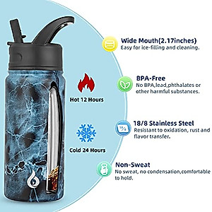 BJPKPK Insulated Water Bottles with Straw Lid, 18oz Stainless Steel Metal Water Bottle, Cold & Hot Water Bottle with 3 Lids, Leak Proof BPA Free Travel Cup, Wide Mouth Flask for School-Ocean