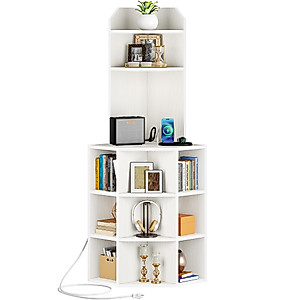 YITAHOME Corner Shelf with USB Ports & Outlets, Modern Corner Storage Cabinet Rack, Wooden Corner Cube Storage Display Bookshelf Bookcase for Living Room, Bedroom, Dining Room, White