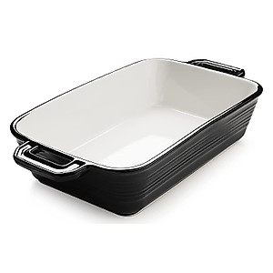 LIFVER 2.45 Quart Baking Dish with Handles, Black Ceramic Lasagna Baking Dishes for Oven, Deep Casserole Dish, Rectangular Baking Pan for Cooking, Cake, Banquet and Dinner, Baking Gifts, 11.2" X 7.2"
